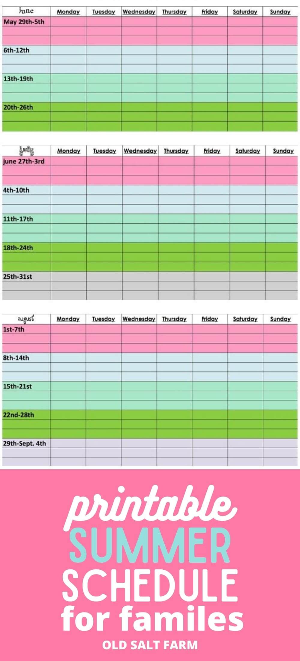 Printable Summer Calendar | Old Salt Farm