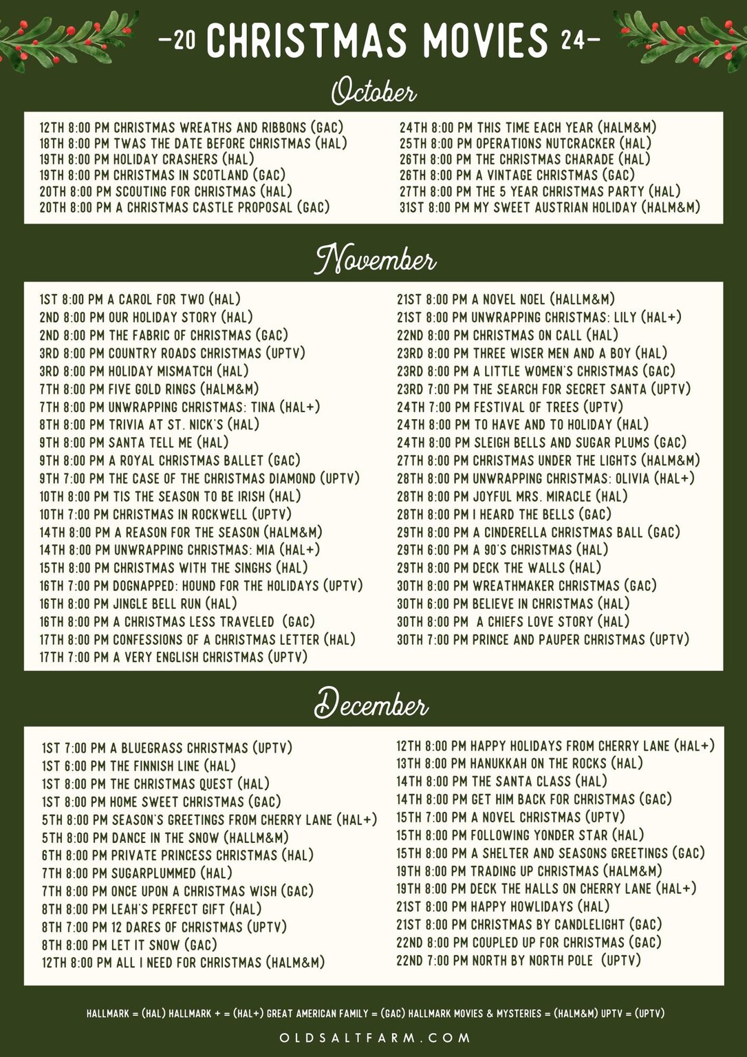 Hallmark Christmas Movie Schedule | Old Salt Farm